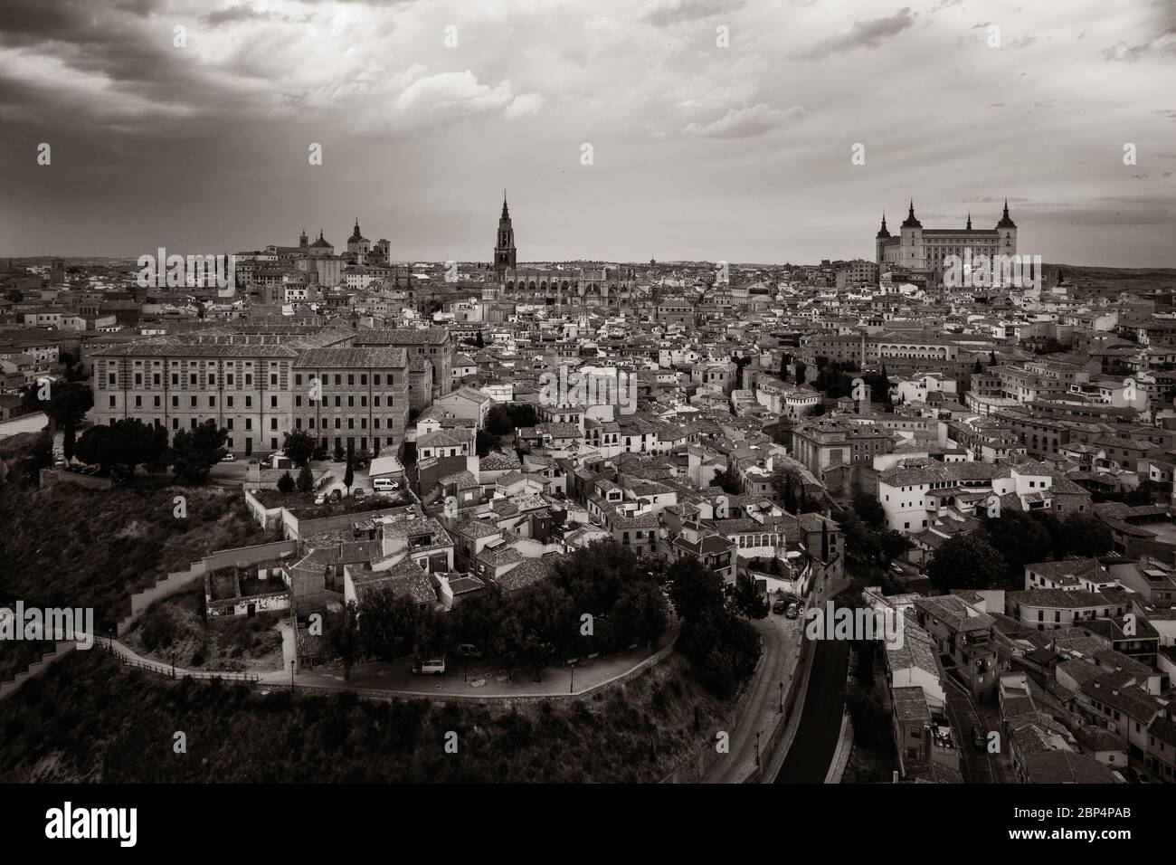 Aerial view of Toledo town skyline with historical buildings in Spain ...