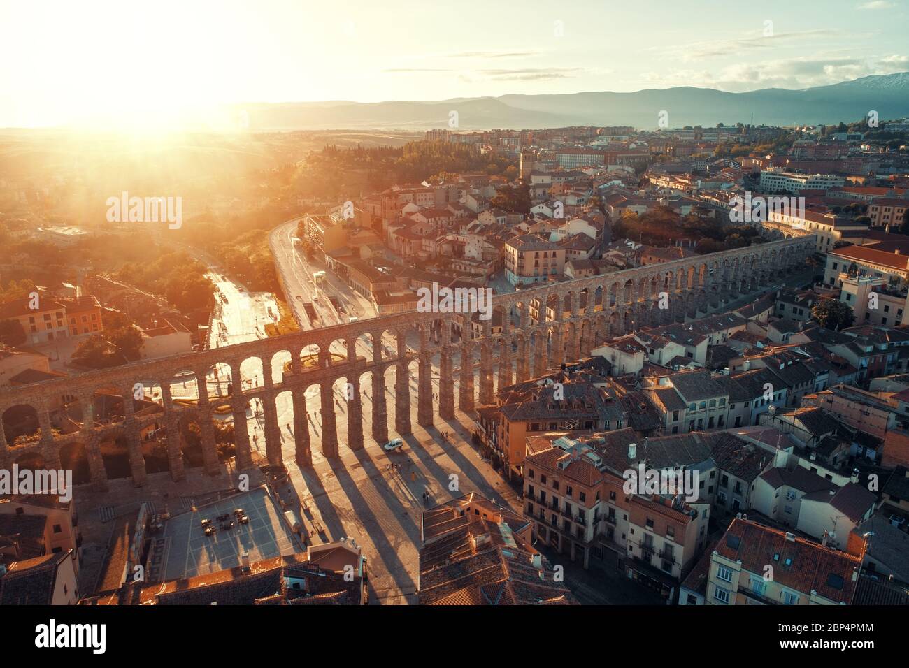 Segovia ancient Roman Aqueduct aerial sunrise view in Spain Stock Photo ...