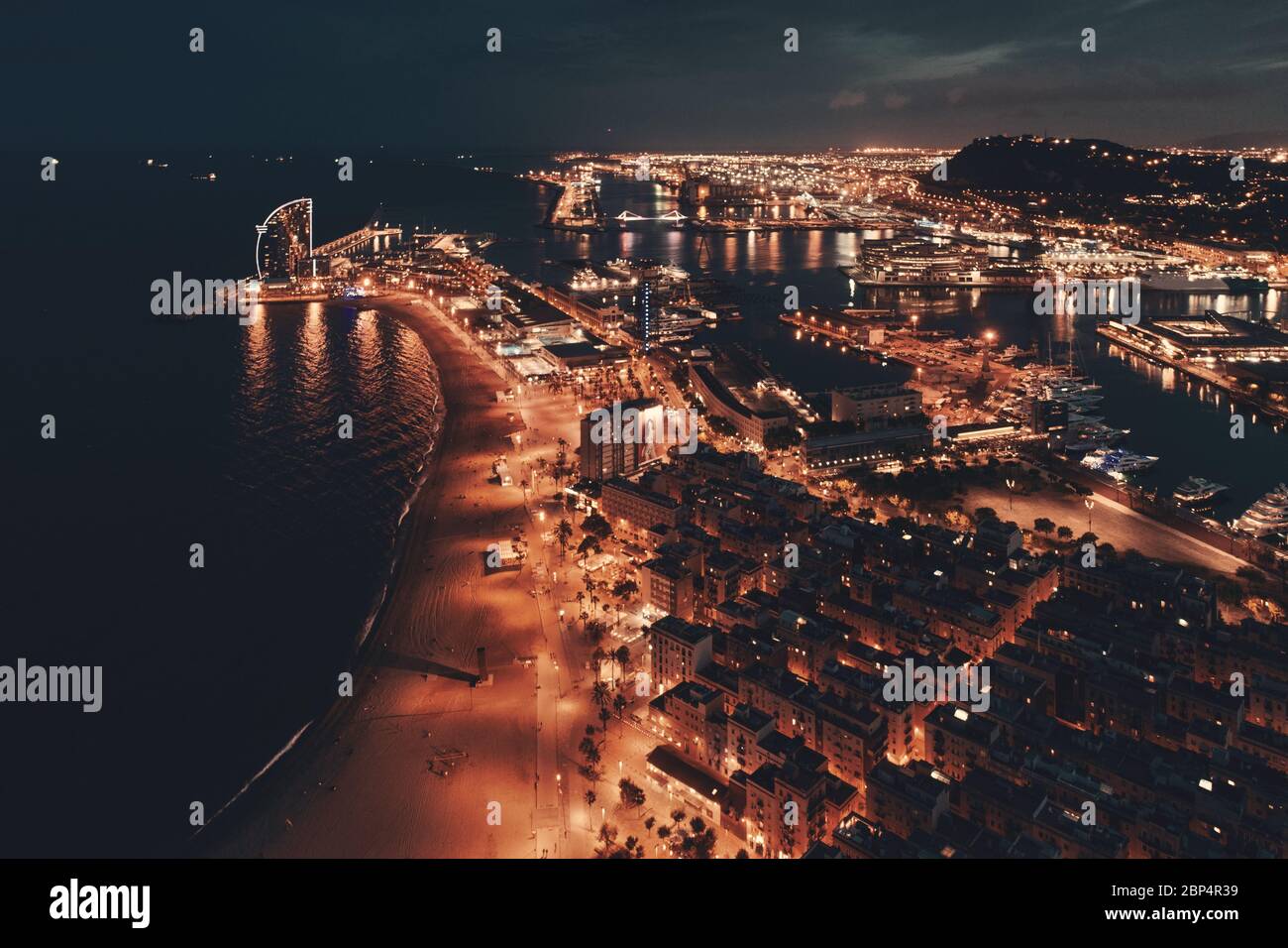 Barcelona coast pier aerial view at night in Spain Stock Photo - Alamy