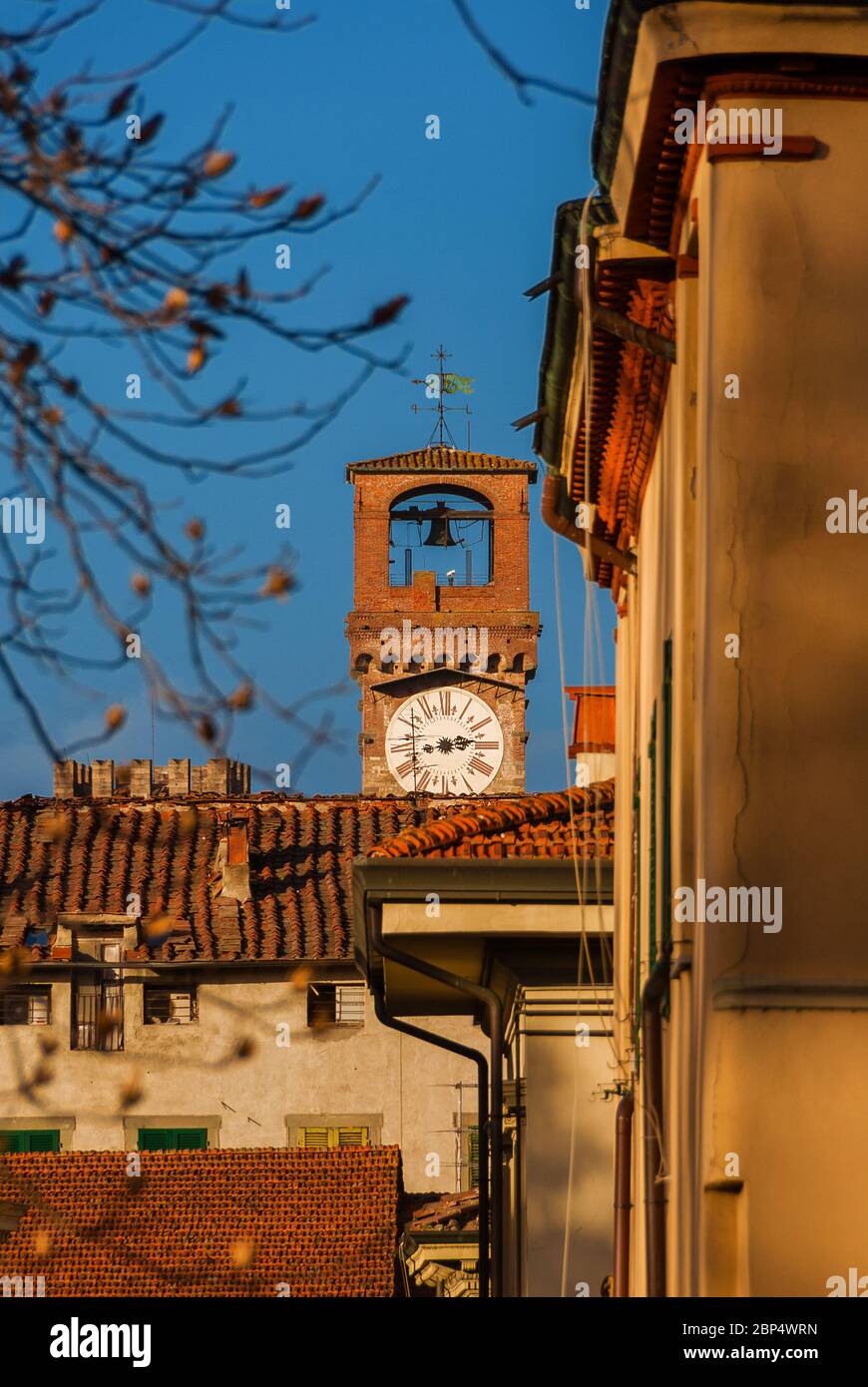 View of Lucca historic center with medieval and iconic 'Torre delle Ore ...
