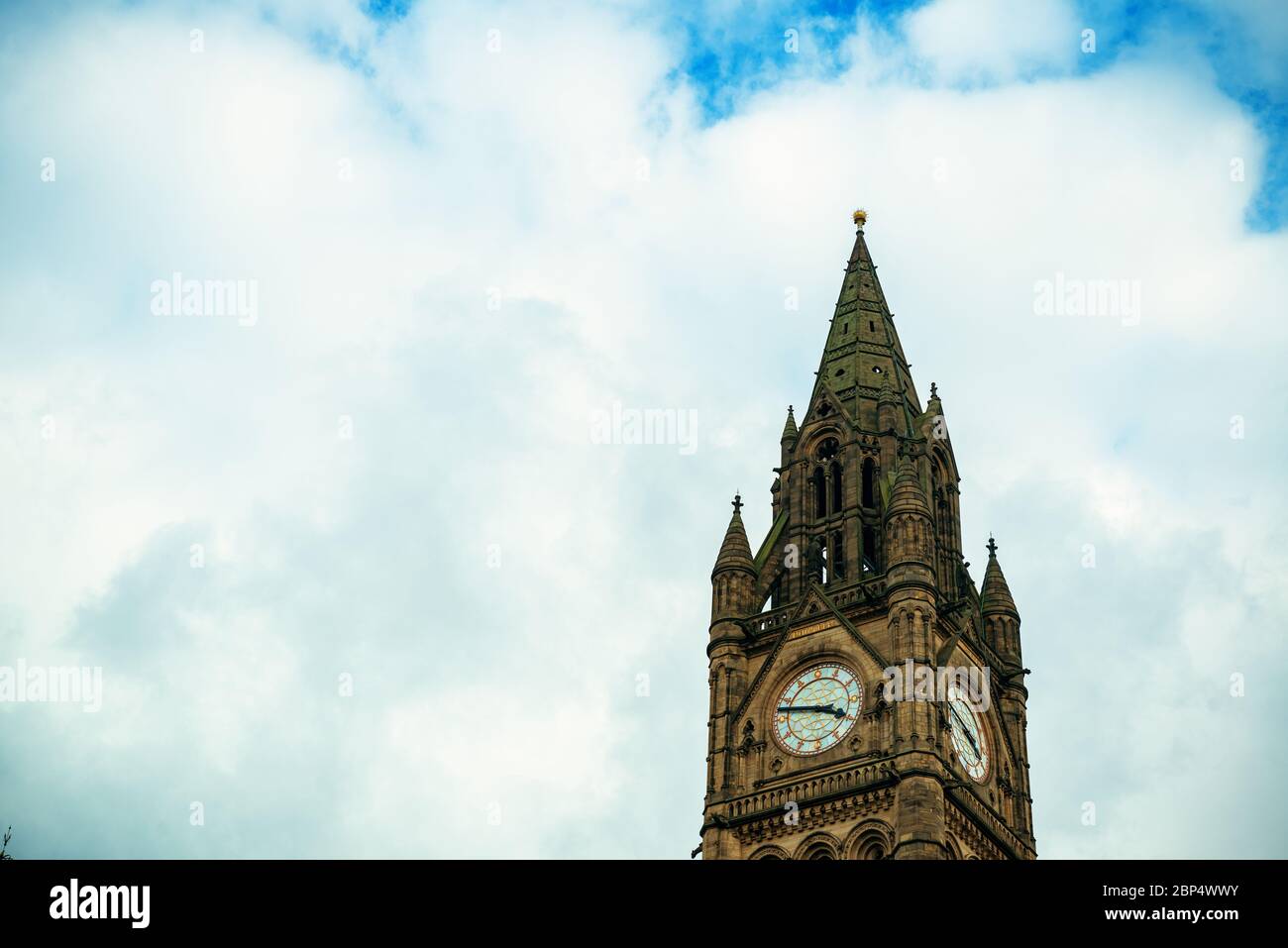 Manchester Township Town Hall clock tower closeup view in England ...