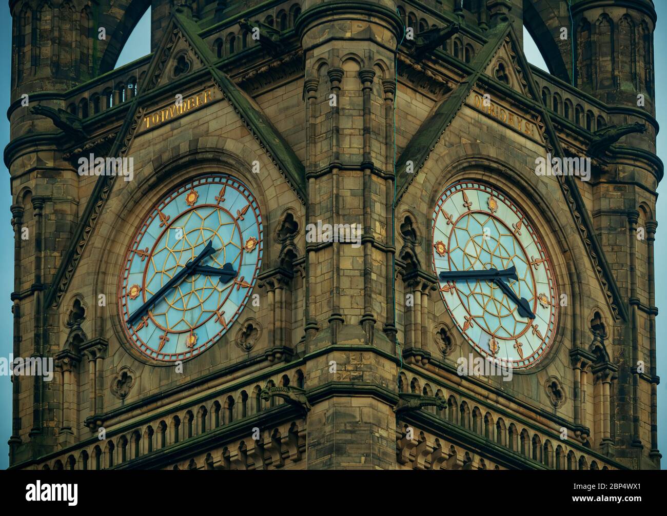 Manchester Township Town Hall clock tower closeup view in England ...