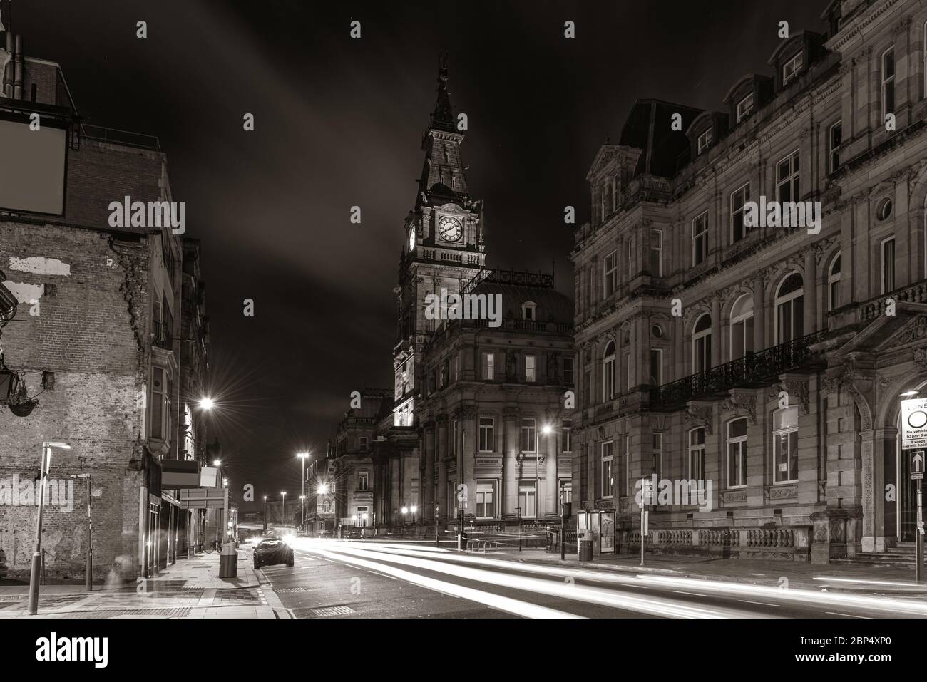Liverpool cityscape with street view with historical building at night ...