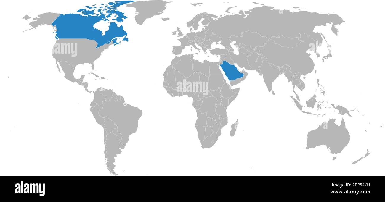 Canada, Saudi Arabia countries isolated on world map. Light gray ...