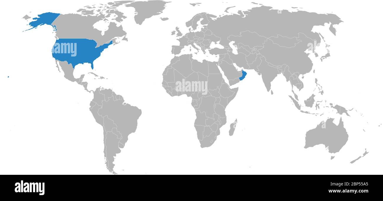Oman, USA map highlighted on world map. Light gray background. Business ...