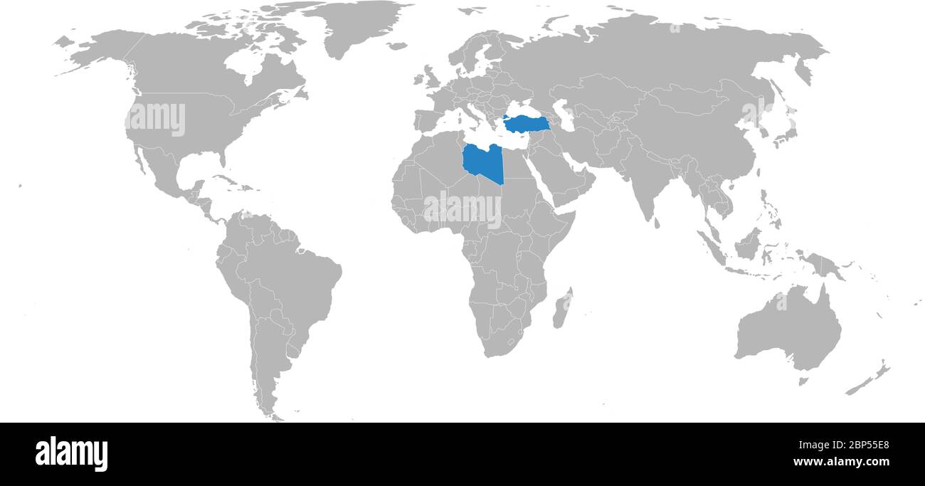 Turkey, Libya countries isolated on world map. Light gray background ...
