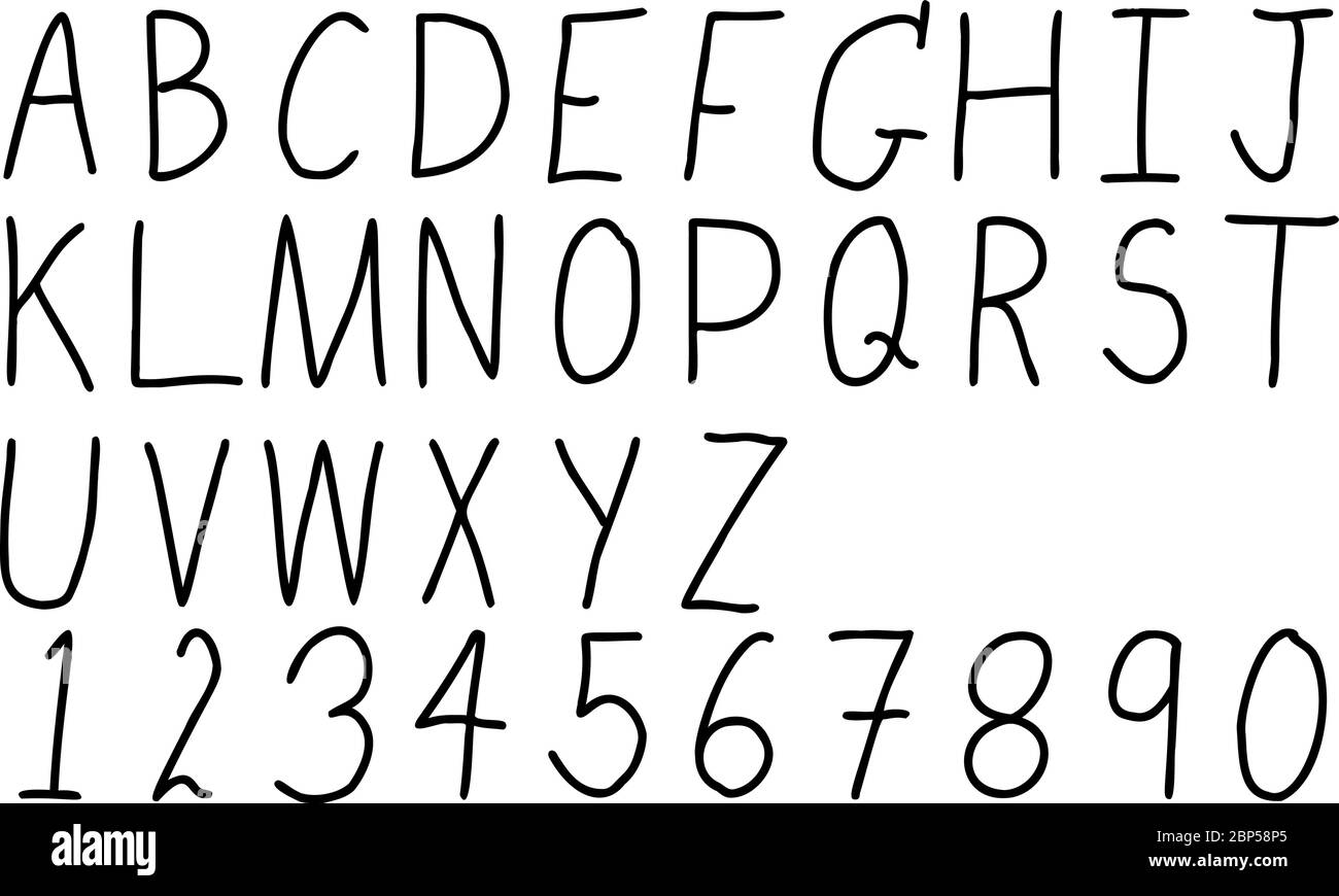 Black color hand drawing font of upper case English alphabet and number ...