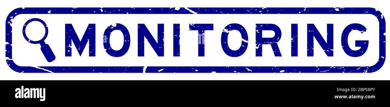 Grunge blue monitoring word with magnifier icon square rubber seal ...