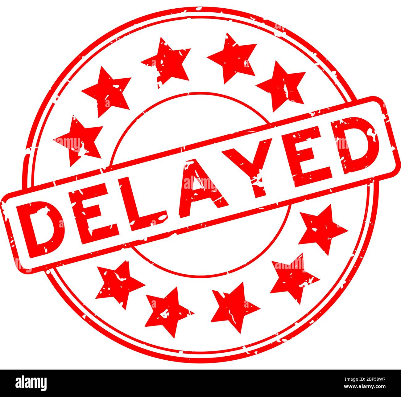 Grunge red delayed word with star icon round rubber seal stamp on white ...