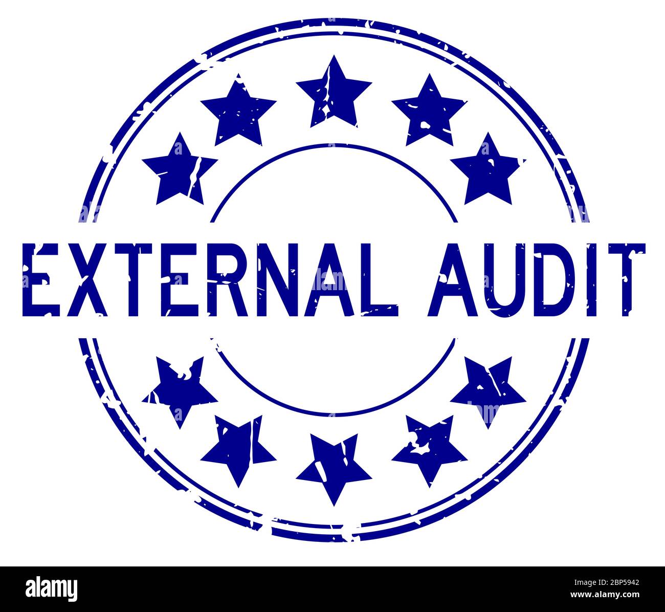 Grunge blue external audit word with star icon round rubber seal stamp ...