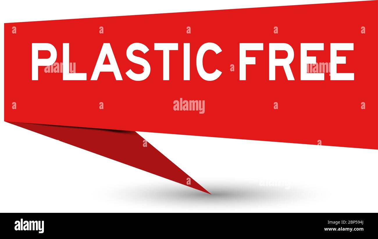 Red color paper speech banner with word plastic free on white ...