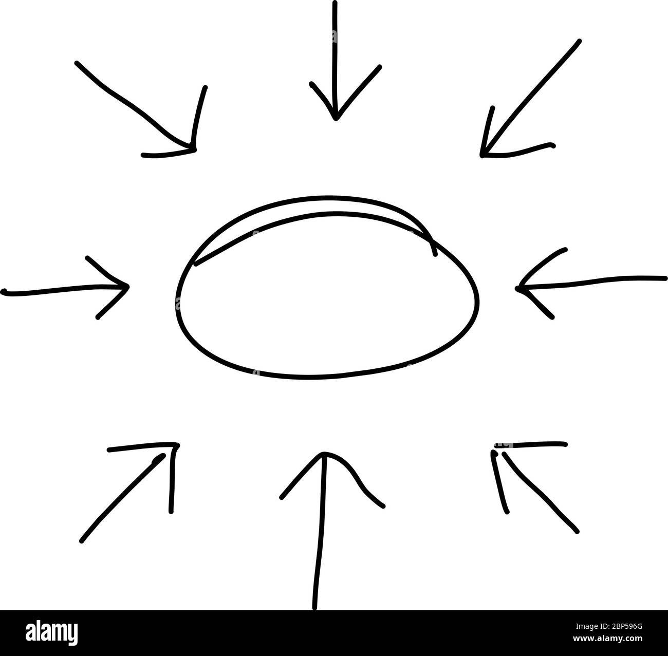 Black doodle handdrawing in arrow concentrate to circle shape on white ...