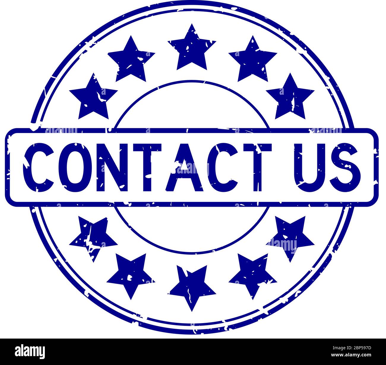 Grunge blue contact us word with star icon round rubber seal stamp on ...