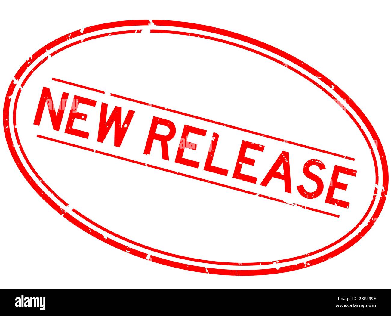 Grunge red new release word oval rubber seal stamp on white background ...