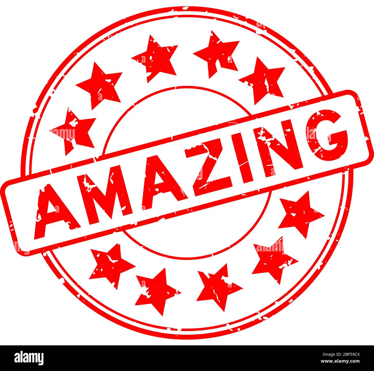 Grunge red amazing word with star icon round rubber seal stamp on white ...