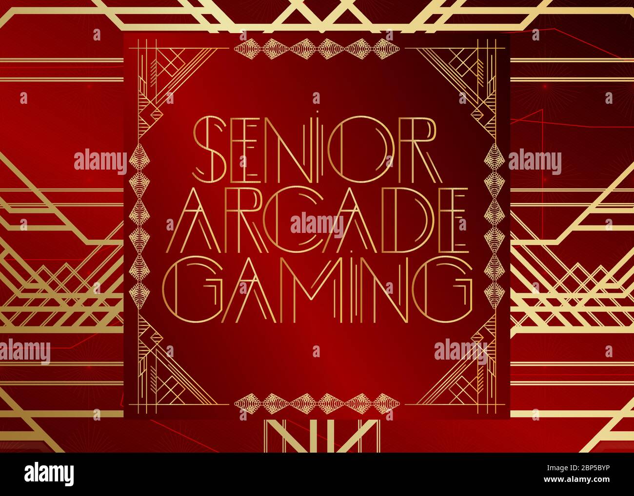 Art Deco Senior Arcade Gaming text. Decorative greeting card, sign with ...