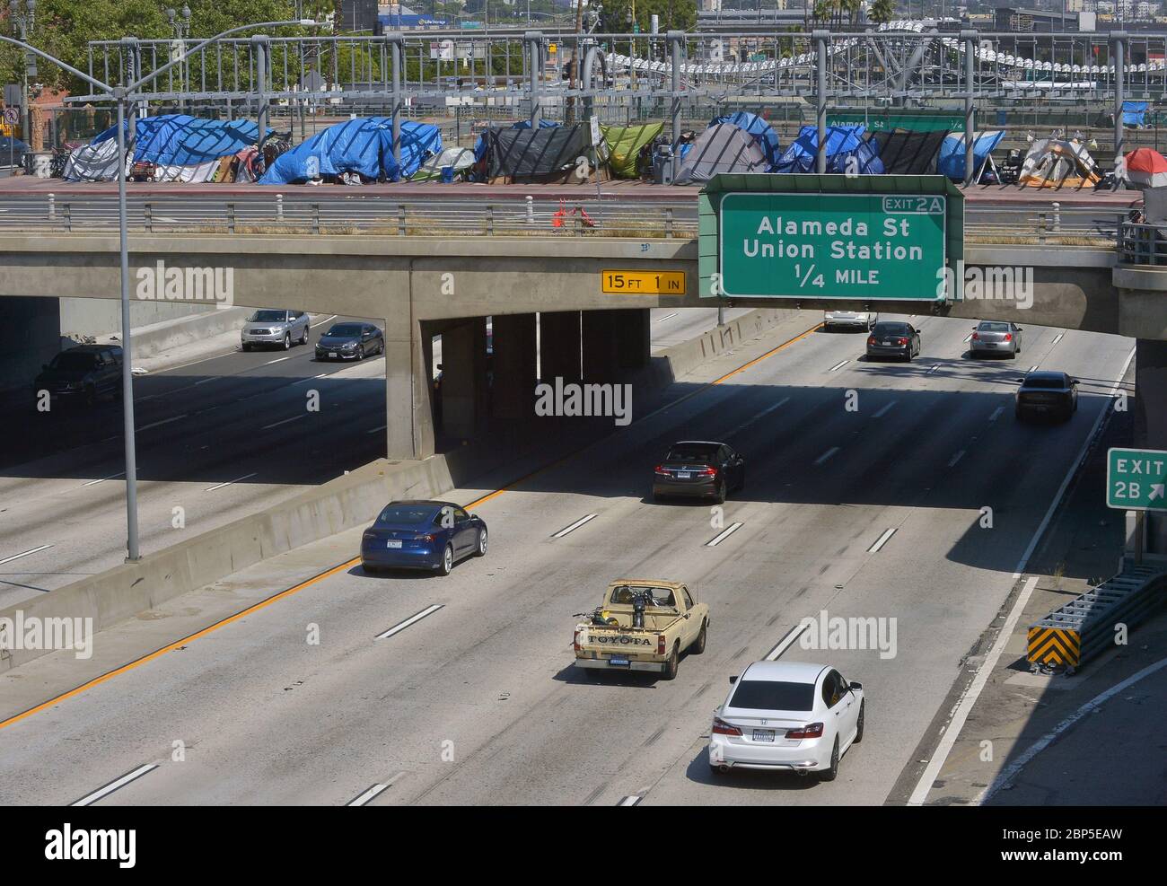 A homeless encampment is pictured on a U.S. Route 101 overpass in ...