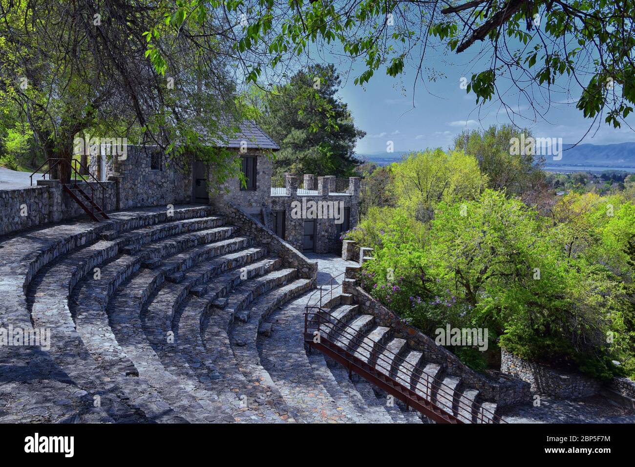 Amphitheater ruins with castle like tourettes made of stone and rock ...