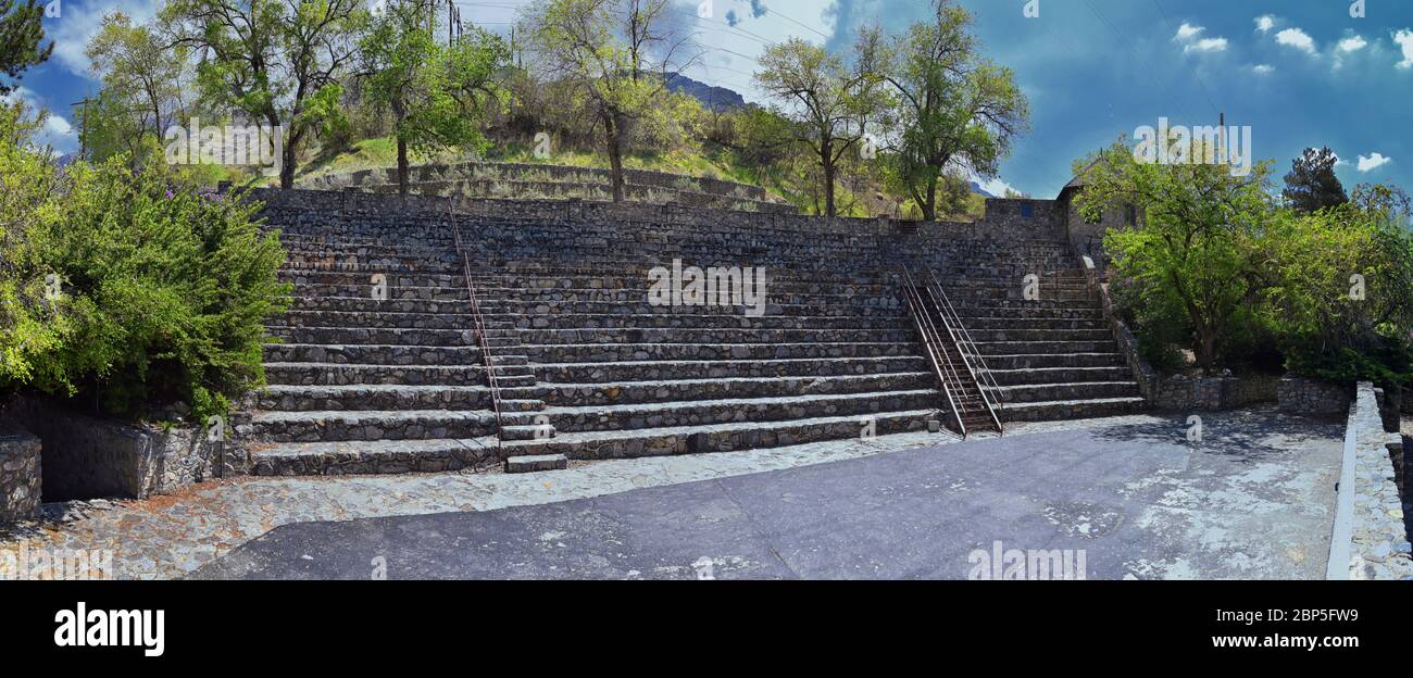 Amphitheater ruins with castle like tourettes made of stone and rock ...