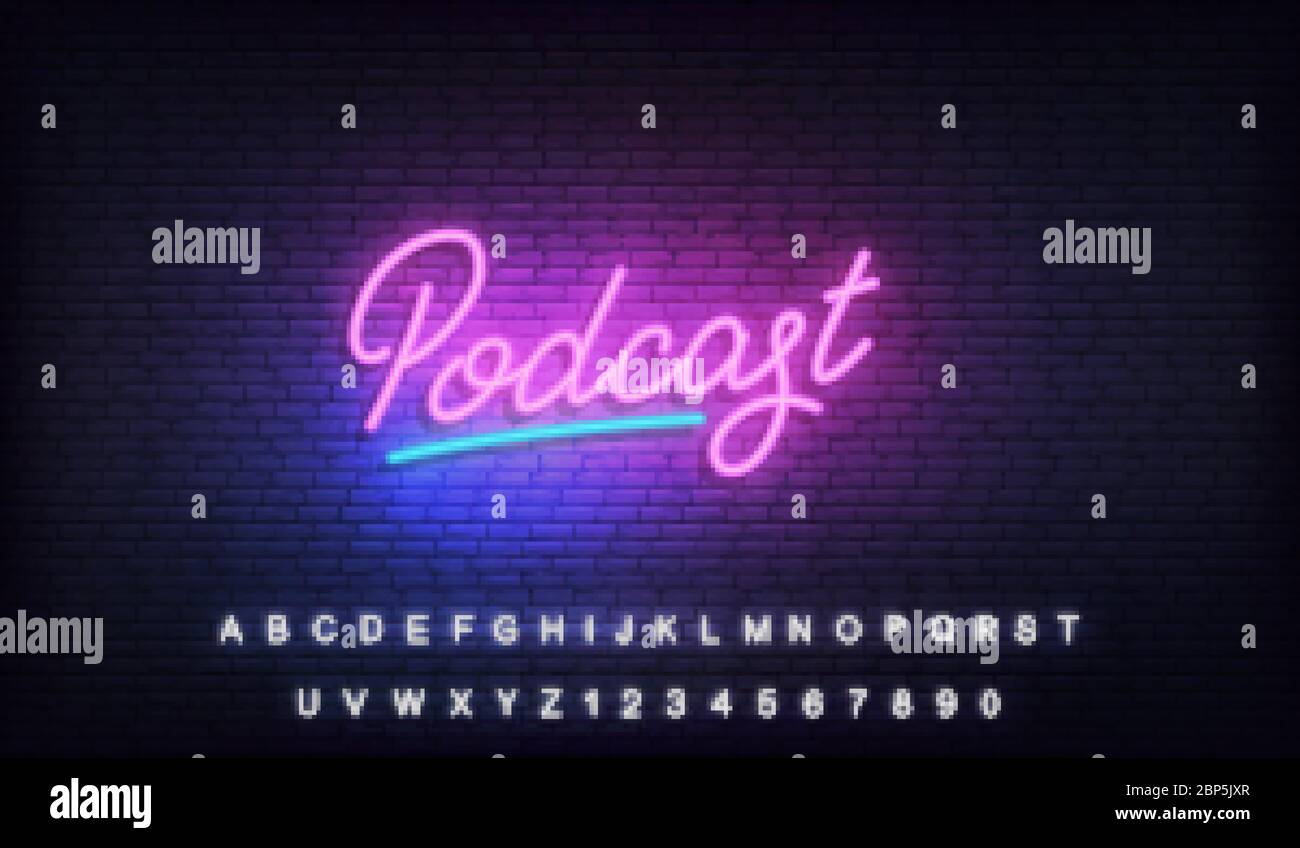 Podcast neon sign. Glowing podcast lettering template Stock Vector ...