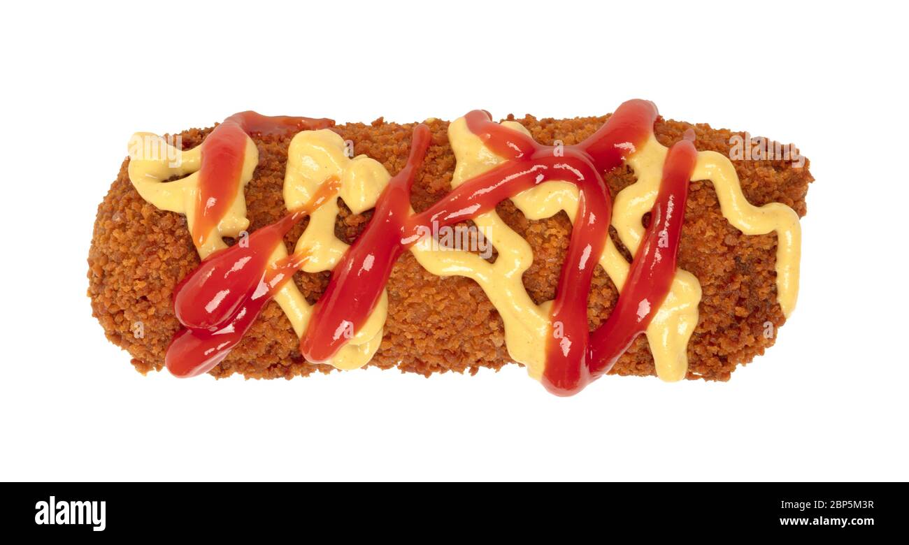 Brown crusty dutch kroket with mustard and ketchup topping isolated on ...