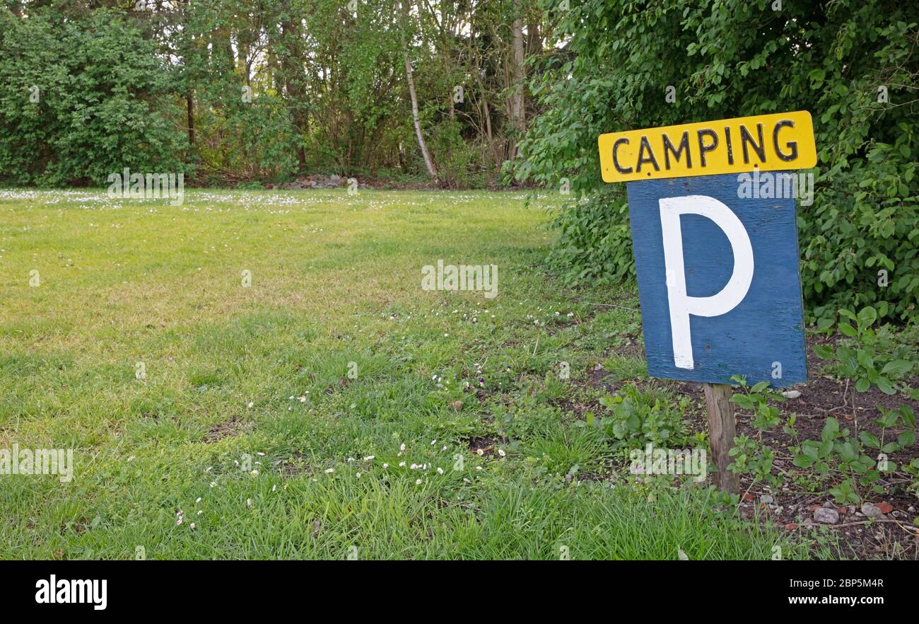 Empty camping site in the Netherlands, big sign Stock Photo - Alamy