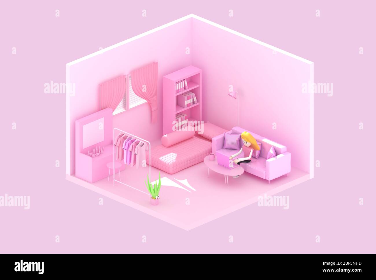 3d illustrator of a female cartoon character Using a laptop computer On ...
