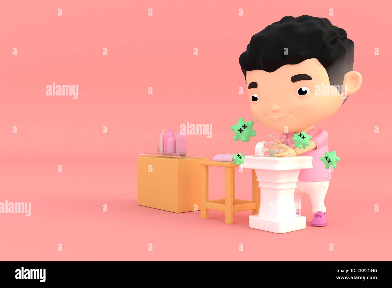 3d illustrator of cartoon characters. A boy washing hands with soap to ...
