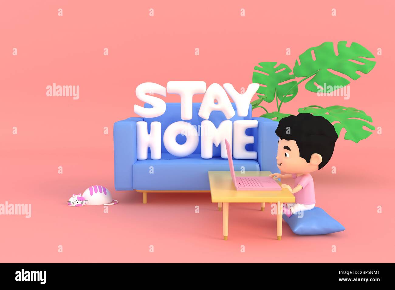 3d illustrator of cartoon characters. A boy using a computer Stock ...