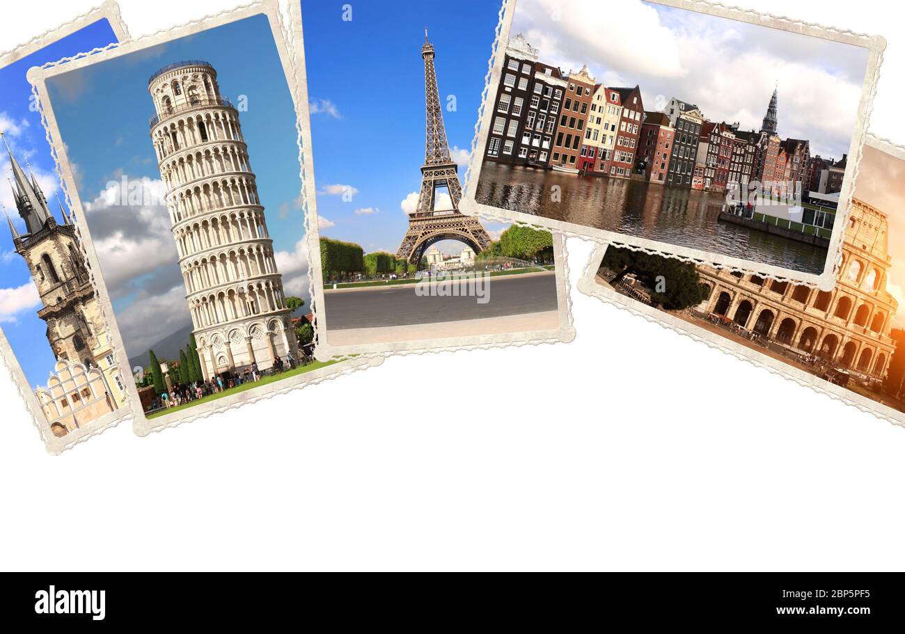 Vintage travel background with retro photos of european landmarks ...
