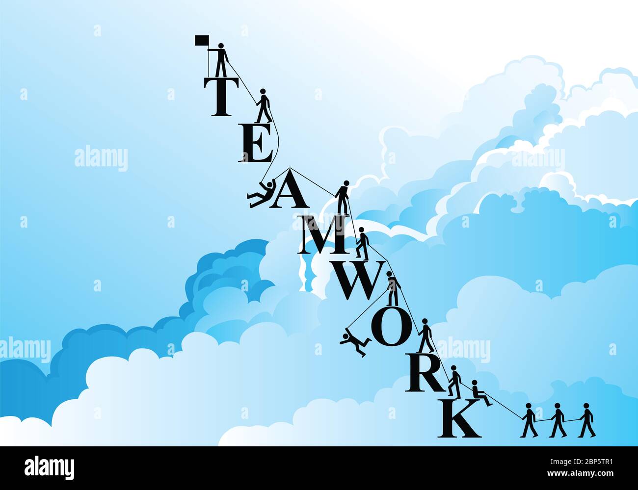 Representation of people working together to get to the top on cloudy ...
