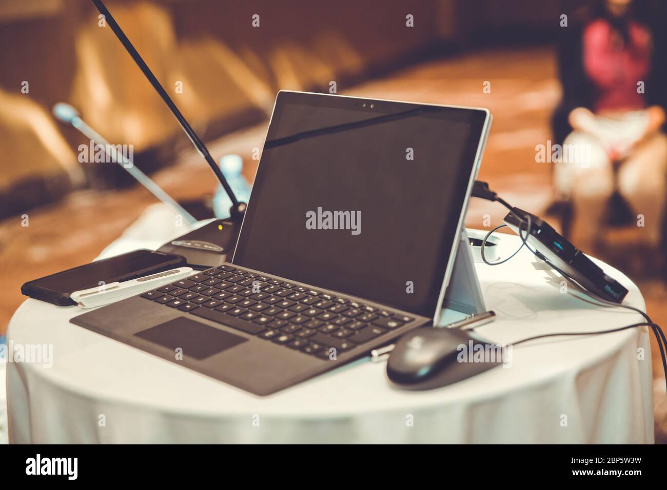 At the conference Computer table Stock Photo - Alamy