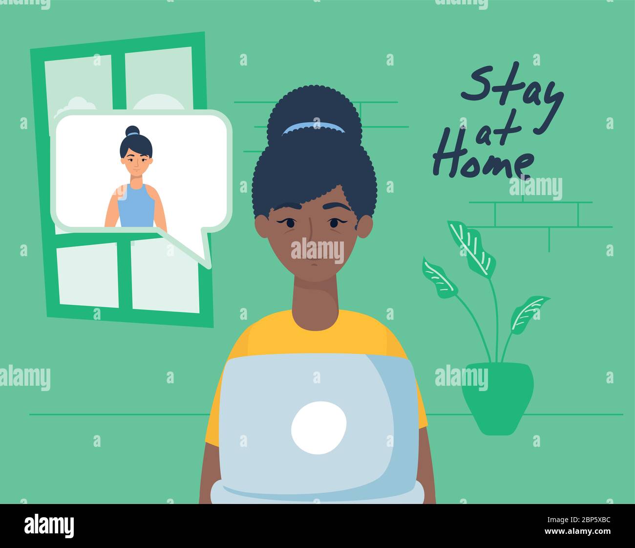 afro woman using laptop to communicate and stay home Stock Vector Image ...