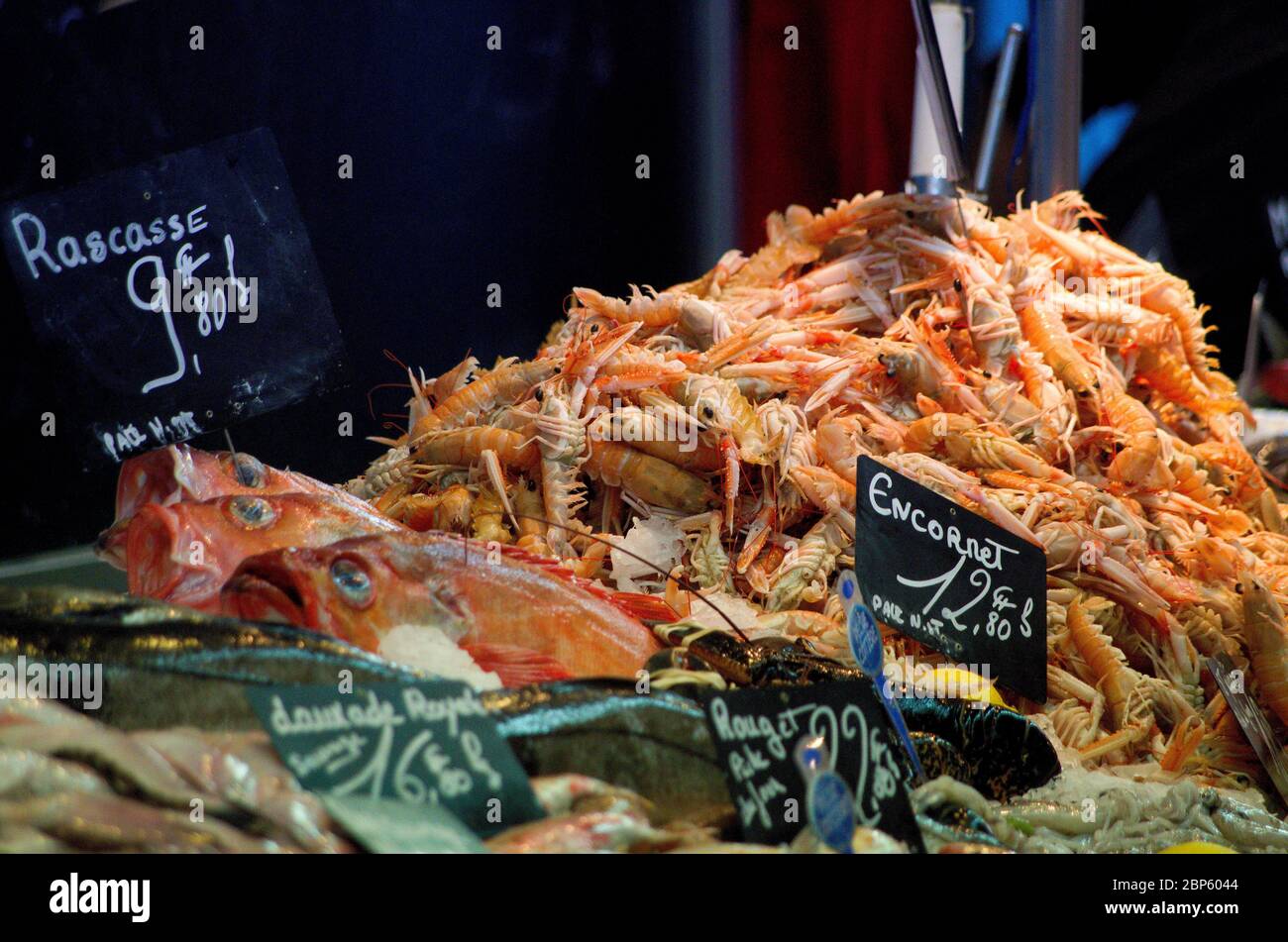 Fish and prawns, seafood market stall, La Rochelle, France Stock Photo ...
