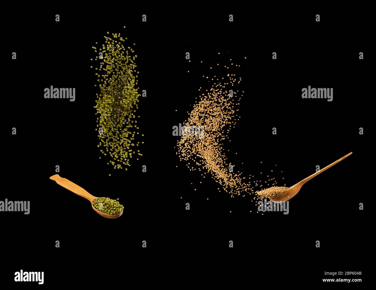 Zero gravity food concept. Mung beans and mustard seeds splashing ...