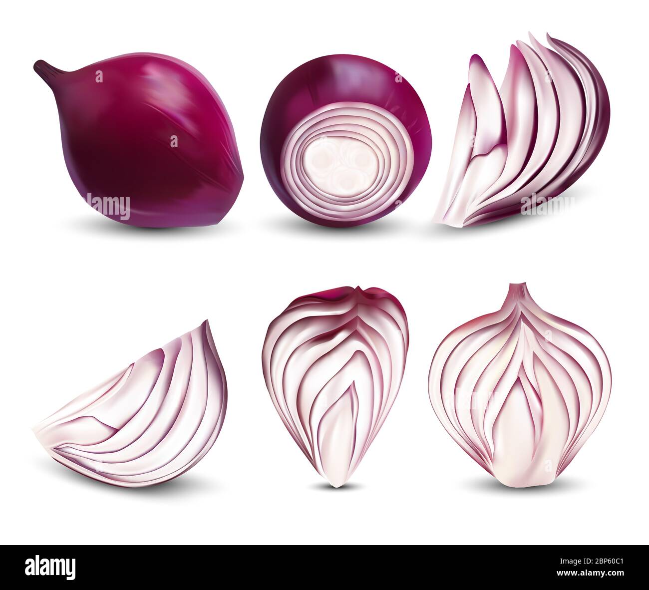 Collection fresh red onion close up.Sliced, half, piece onion on ...