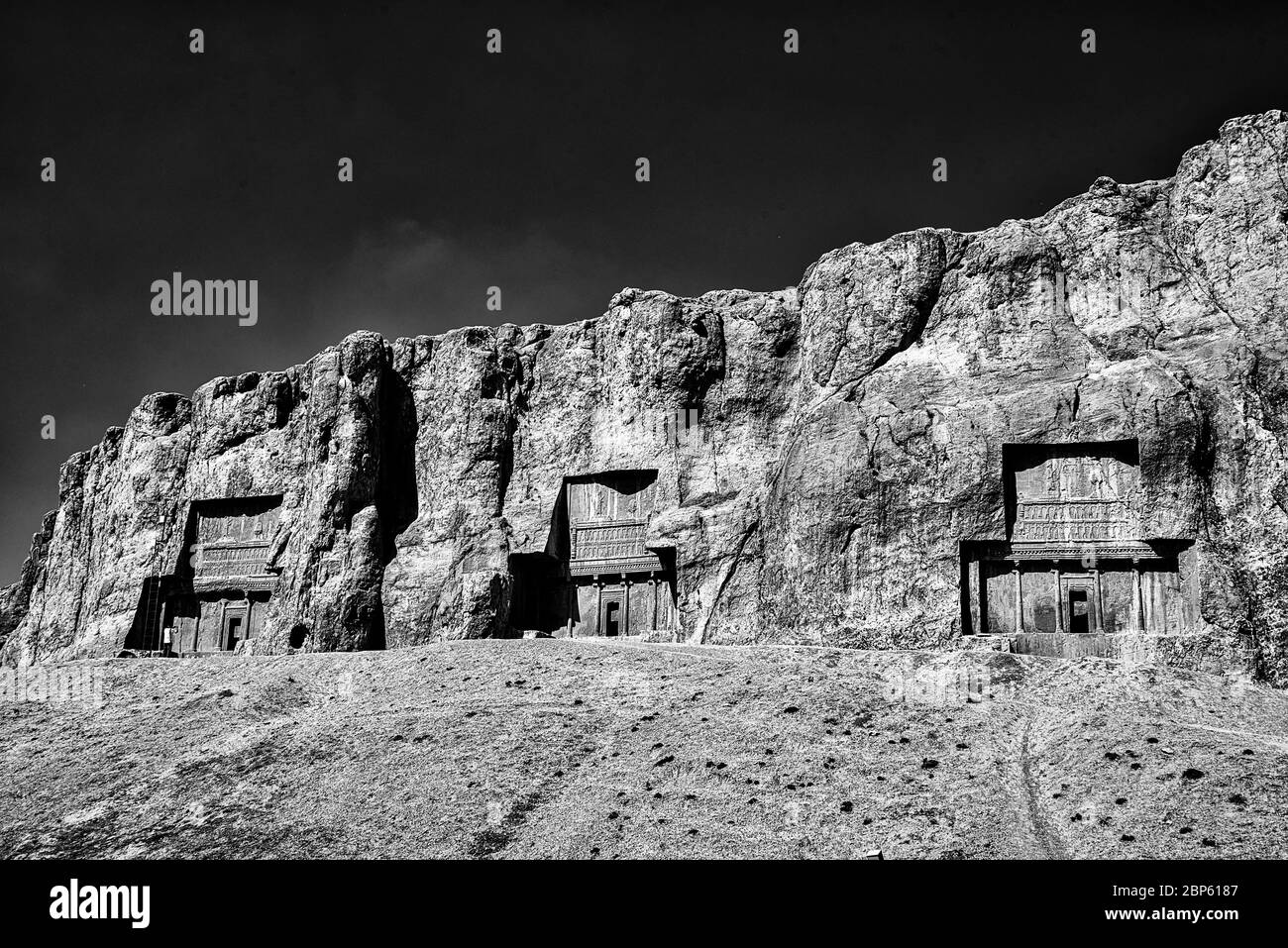 View of the necropolis of Naqsh-e Rostam with the tombs of Darius II ...