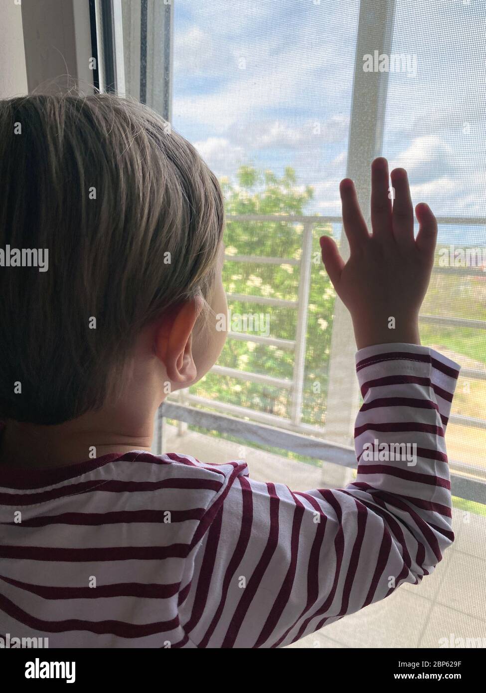 the boy stays at home and looks out the window. boy misses his friends ...