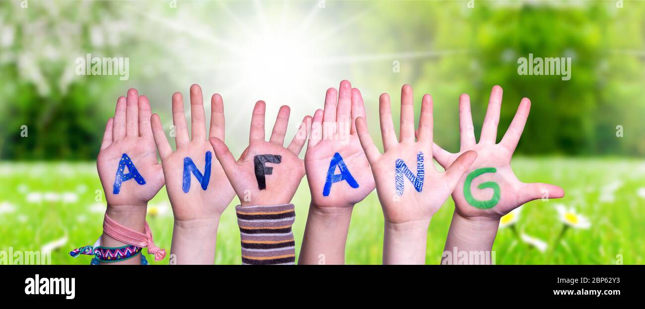 Children Hands Building Word Anfang Means Beginning, Grass Meadow Stock ...