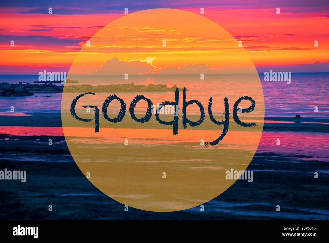 Sunset Or Sunrise At Sweden Ocean, Text Goodbye Stock Photo - Alamy