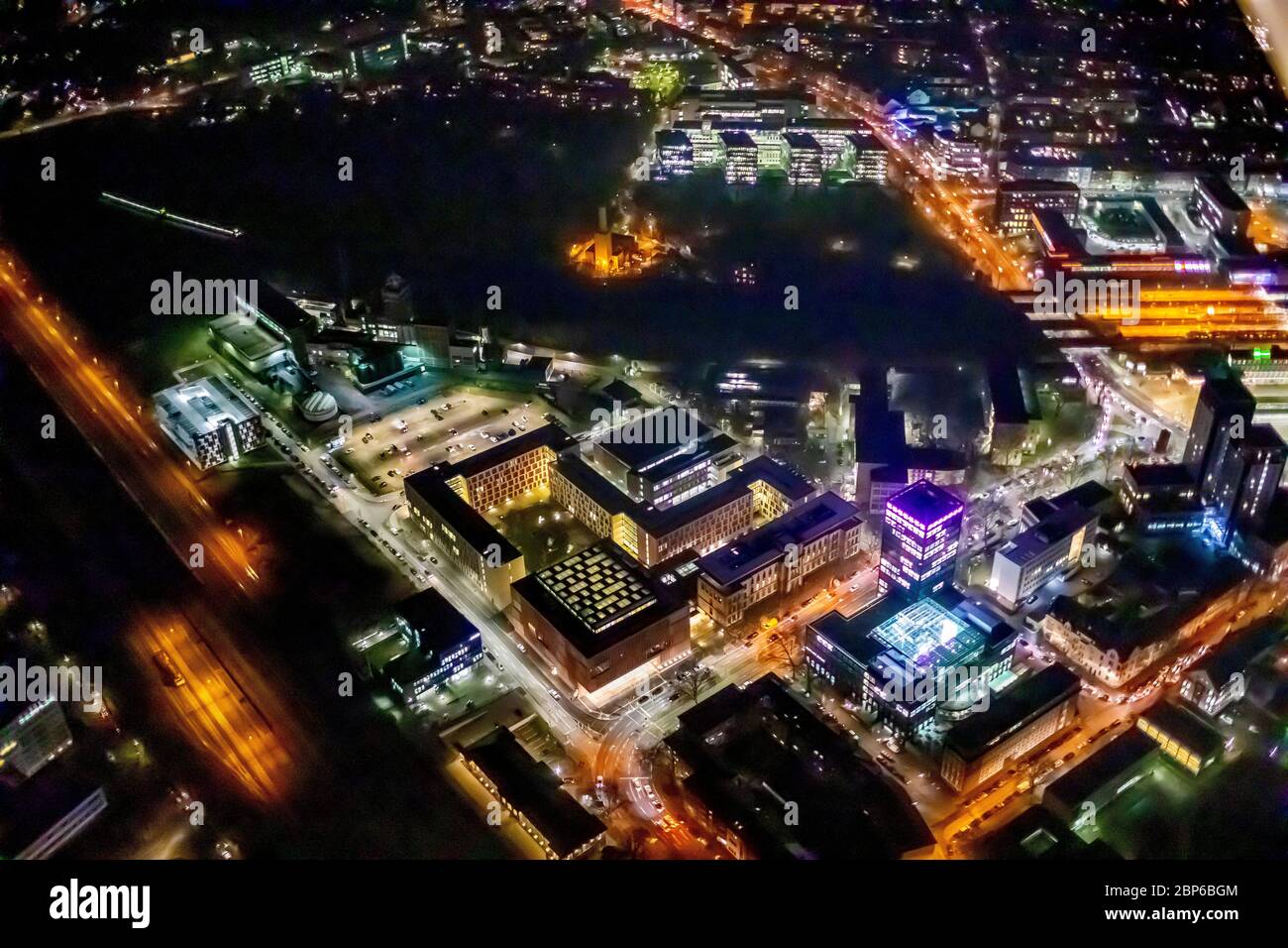 Aerial view, Justice Center at night, Bochum city center with Christmas ...