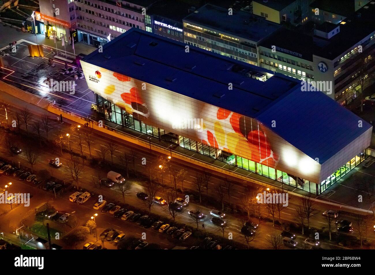 Aerial view of the football museum in Dortmund at night, Dortmund, Ruhr ...