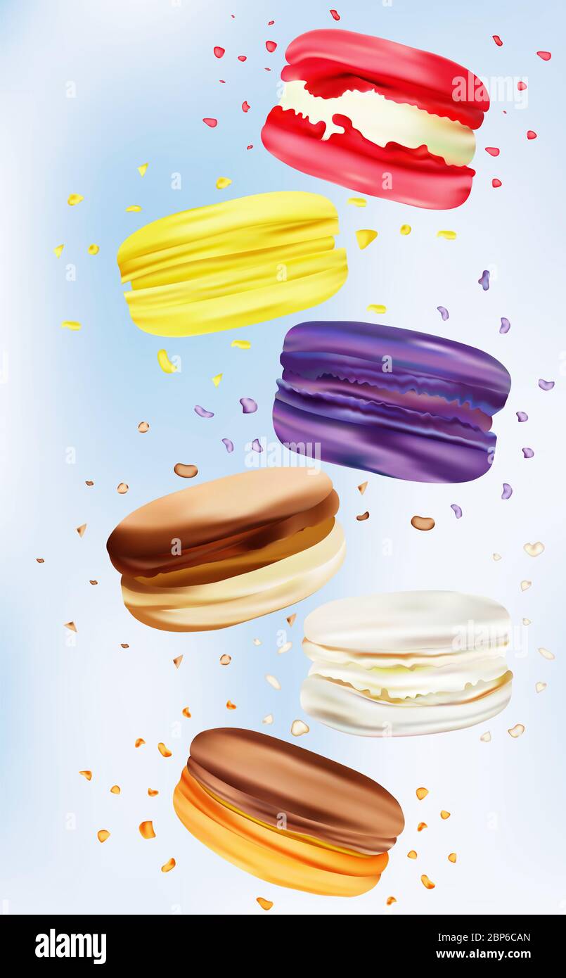 Collection colorful macaroon in motion isolated on blue background ...