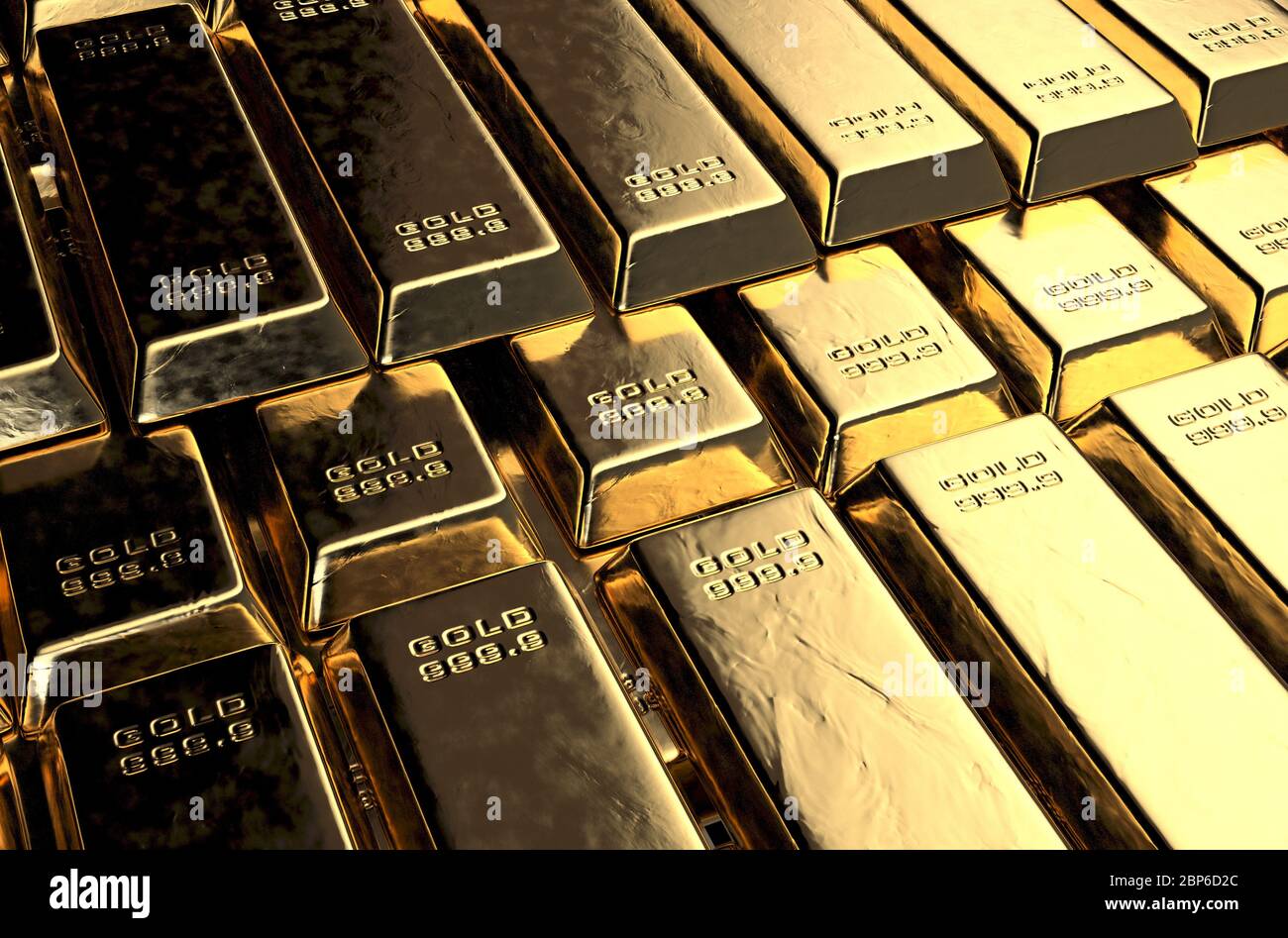 A stack of solid gold ingots on an isolated dark background - 3D render ...