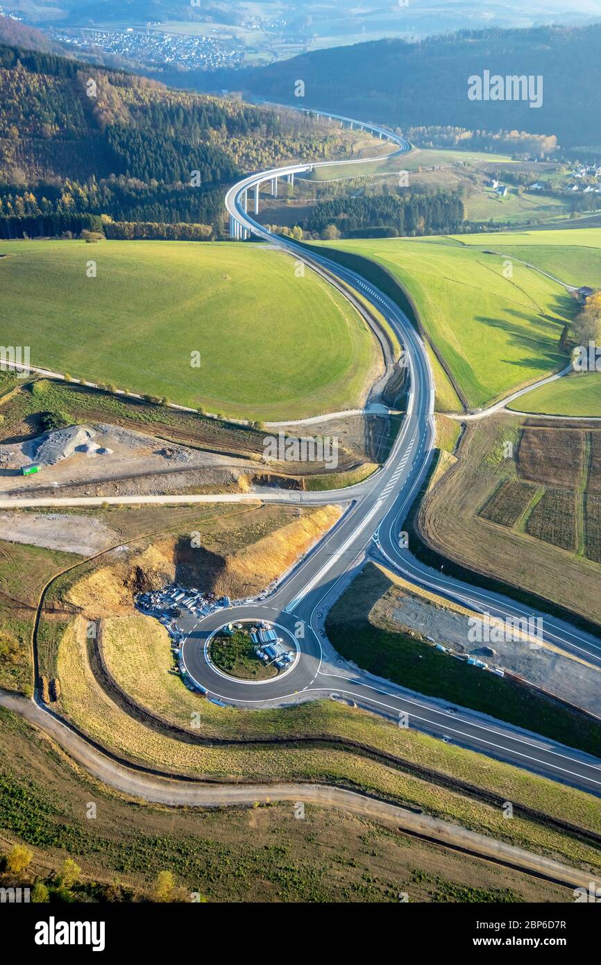 Aerial view, roundabout at the end of the motorway, motorway extension ...