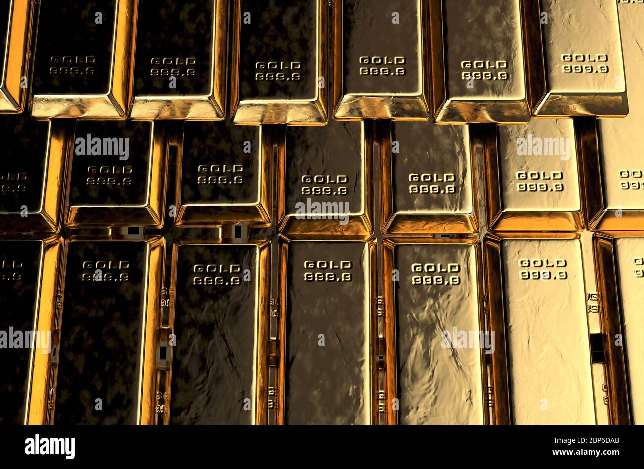 A stack of solid gold ingots on an isolated dark background - 3D render Stock Photo - Alamy