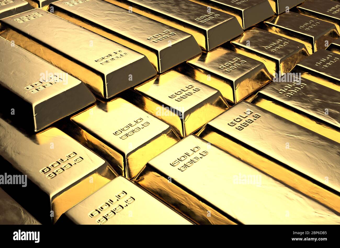 A stack of solid gold ingots on an isolated dark background - 3D render ...