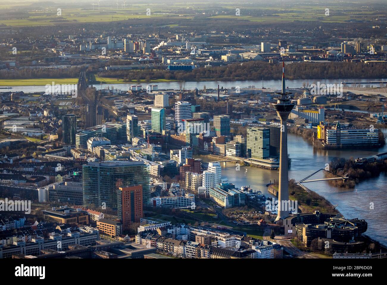 Aerial view, Rhine tower, television tower, Medienhafen, Dusseldorf ...