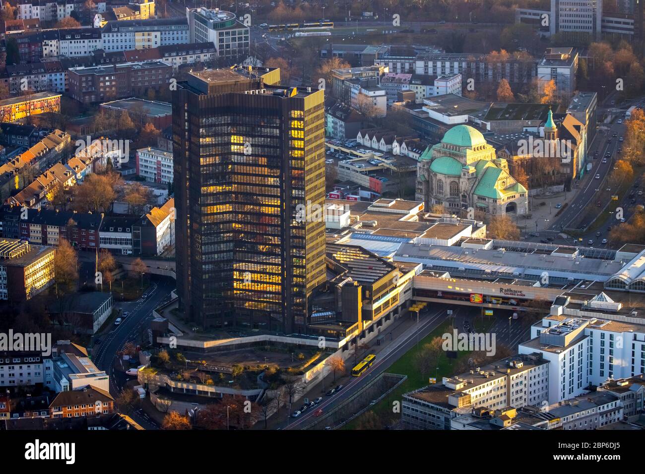 Aerial view, downtown view, Essen City Hall, Porscheplatz, Old ...