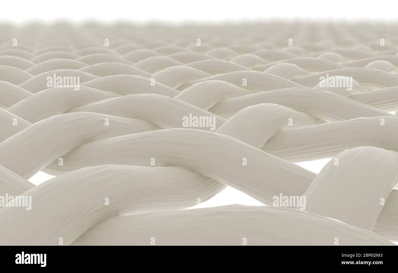 A microscopic close up view of strands of a simple woven textile on a ...